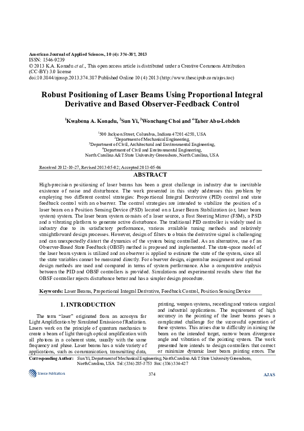 (PDF) Robust Positioning of Laser Beams Using Proportional Integral Derivative and Based ...