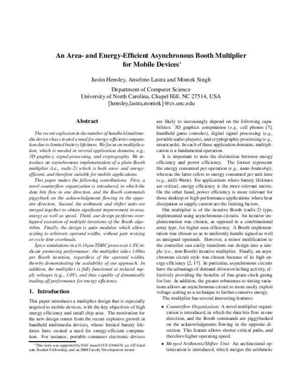 Pdf An Area And Energy Efficient Asynchronous Booth Multiplier For Mobile Devices Montek