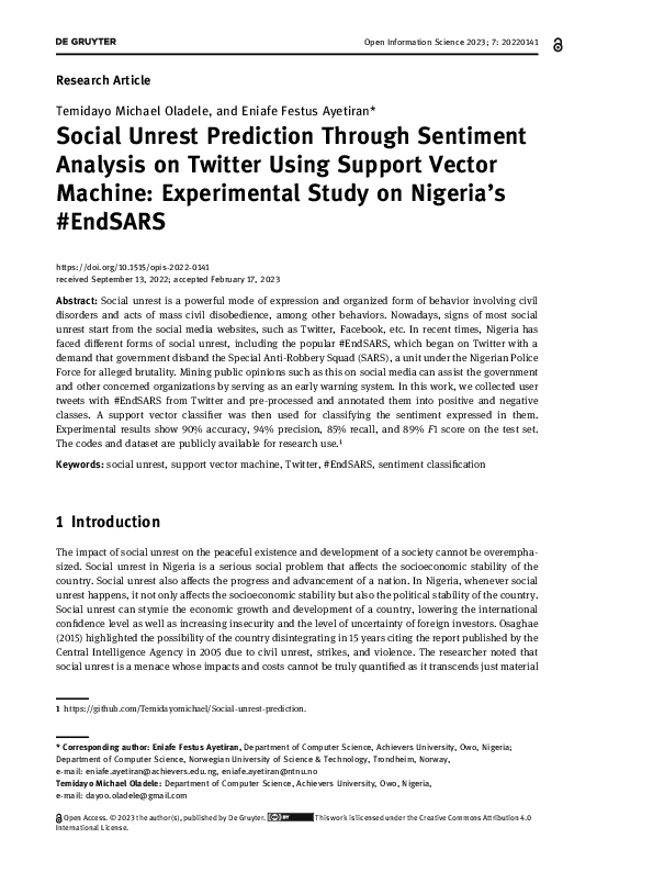 Pdf Social Unrest Prediction Through Sentiment Analysis On Twitter Using Support Vector