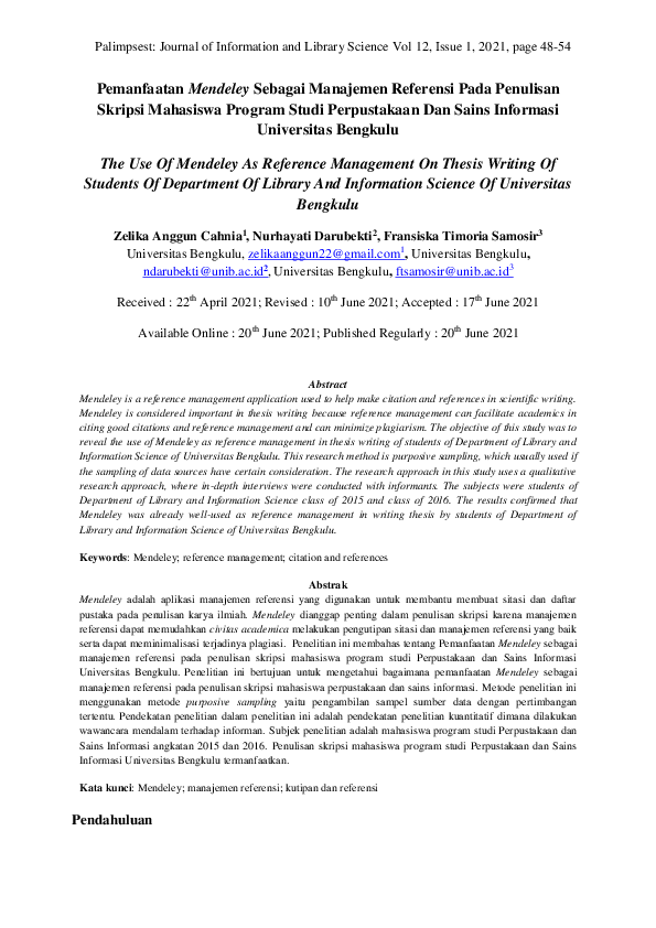 (PDF) Pemanfaatan Mendeley Sebagai Manajemen Referensi pada Penulisan Skripsi Mahasiswa Program ...