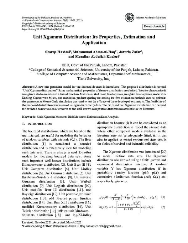 (PDF) Unit Xgamma Distribution: Its Properties, Estimation and Application