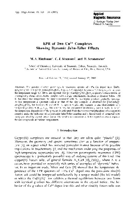 (PDF) EPR of two Cu2+ complexes showing dynamic Jahn-Teller effects
