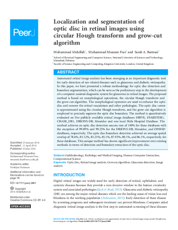 Pdf Localization And Segmentation Of Optic Disc In Retinal Images Using Circular Hough