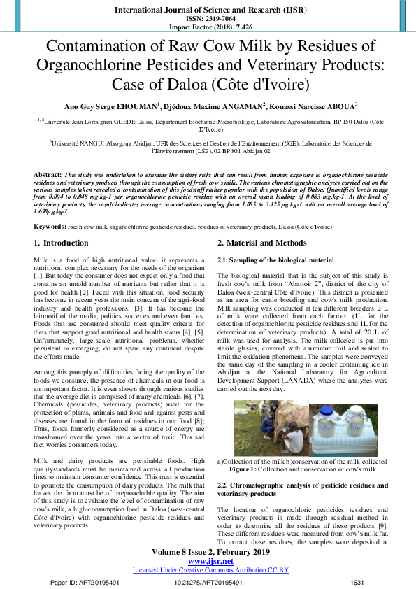 (PDF) Contamination of Raw Cow Milk by Residues of Organochlorine ...