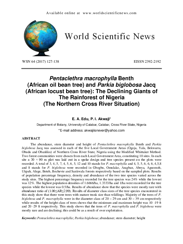 (PDF) Pentaclethra macrophylla Benth (African oil bean tree) and Parkia ...