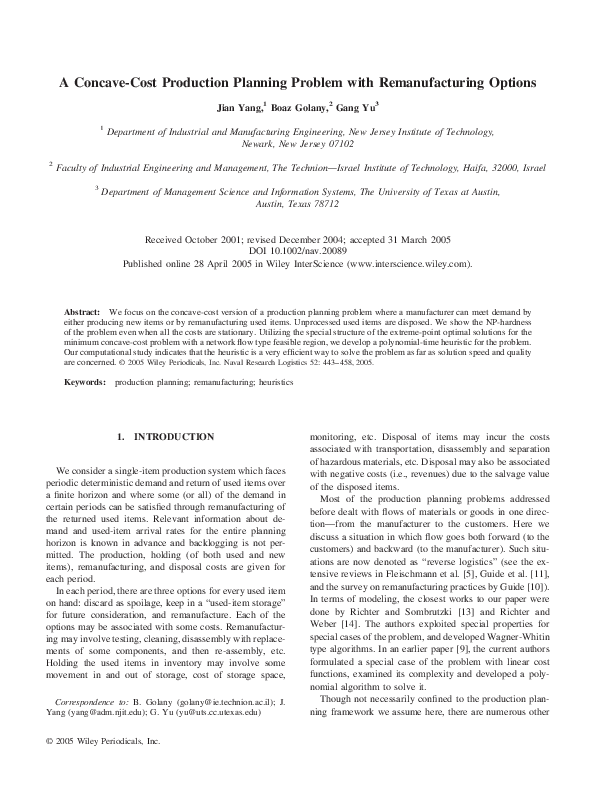 Pdf A Concave Cost Economic Lot Sizing Problem With Remanufacturing Options