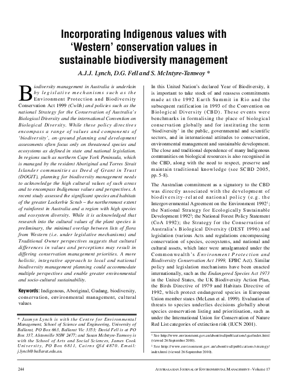 (PDF) Incorporating Indigenous values with ‘Western’ conservation ...