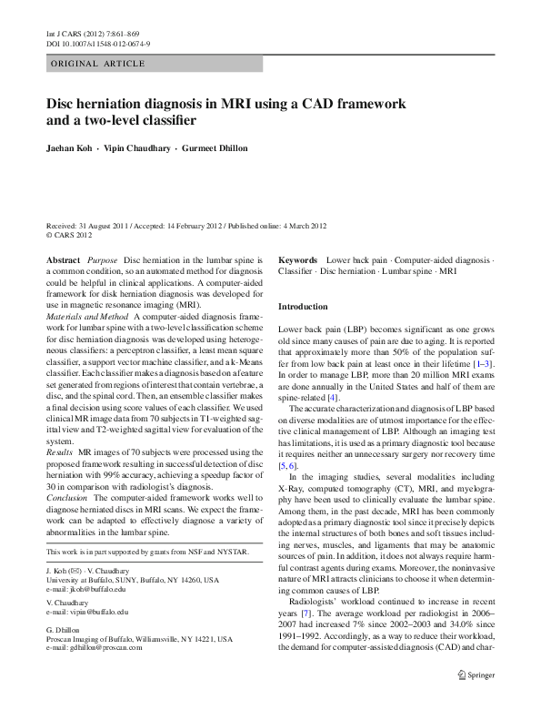 (PDF) Disc herniation diagnosis in MRI using a CAD framework and a two ...