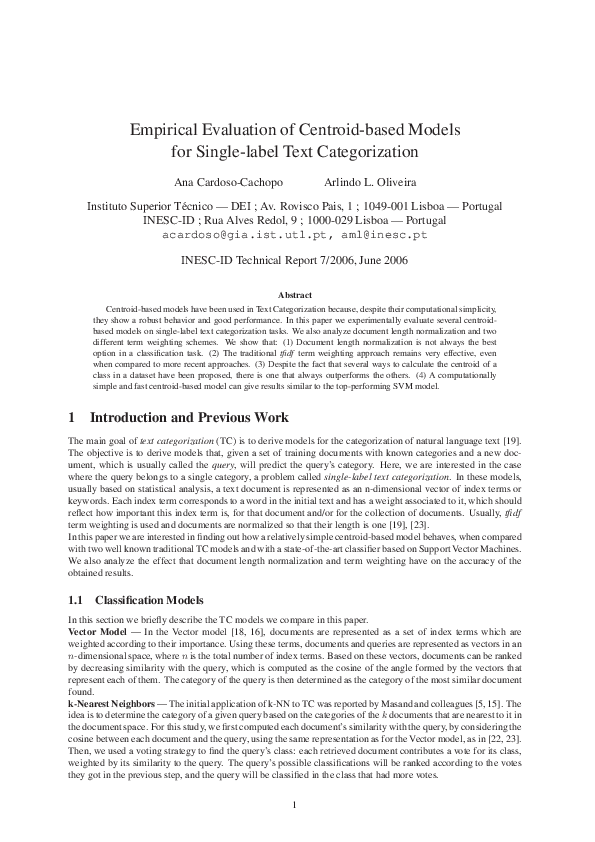 (PDF) Empirical evaluation of centroid-based models for single-label text categorization