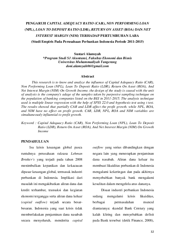 (PDF) PENGARUH CAPITAL ADEQUACY RATIO (CAR), NON PERFORMING FINANCING (NPF) DAN FINANCING TO ...