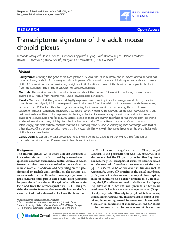 (PDF) Transcriptome signature of the adult mouse choroid plexus ...