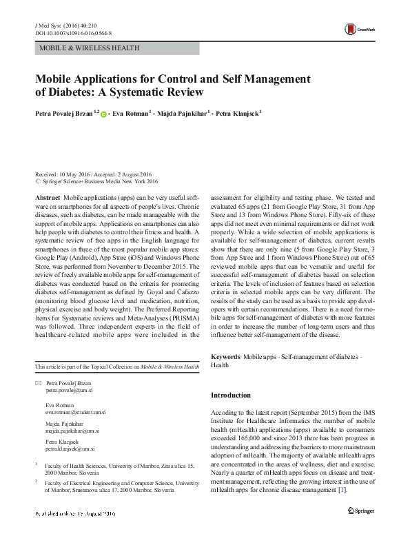 Pdf Mobile Applications For Control And Self Management Of Diabetes A Systematic Review