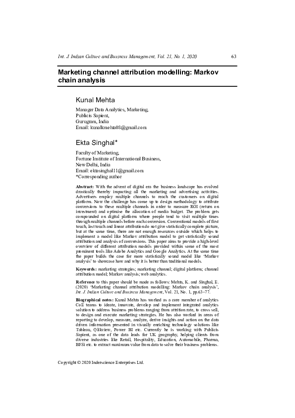 (PDF) Marketing channel attribution modelling: Markov chain analysis