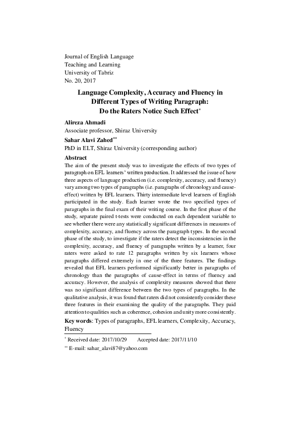 Pdf Language Complexity Accuracy And Fluency In Different Types Of Writing Paragraph Do The