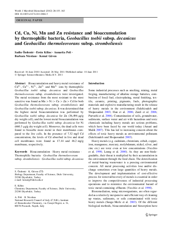 (PDF) Cd, Cu, Ni, Mn and Zn resistance and bioaccumulation by ...