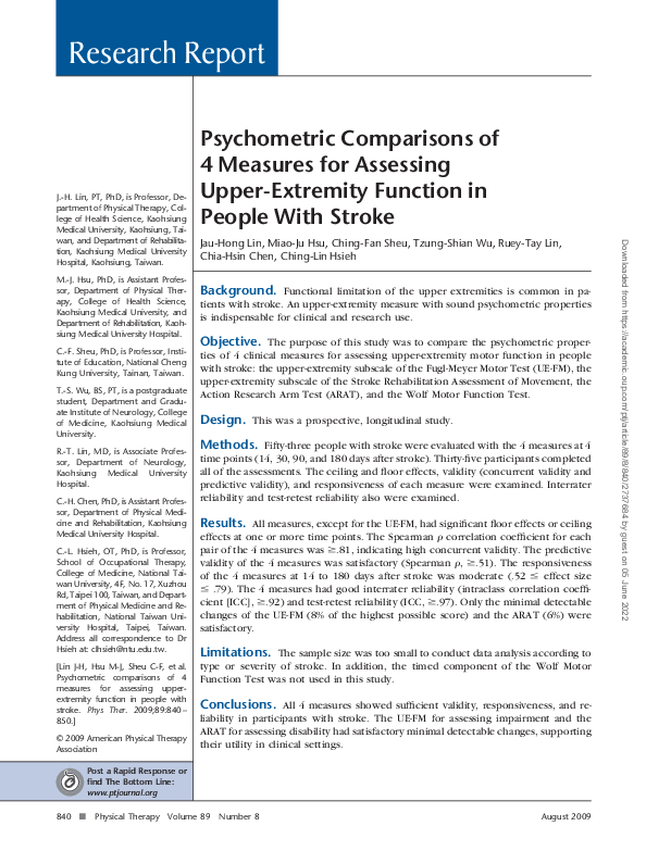 (PDF) Psychometric Comparisons of 4 Measures for Assessing Upper-Extremity Function in People ...