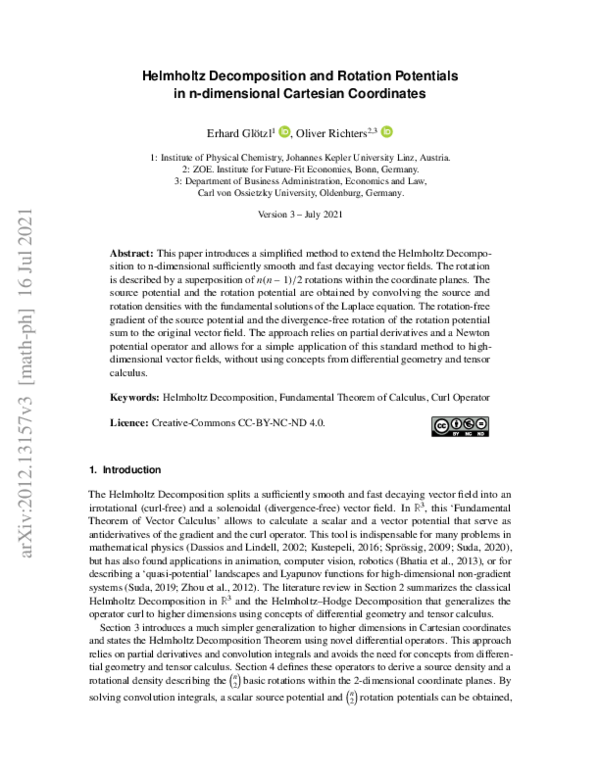 Pdf Helmholtz Decomposition And Rotation Potentials In N Dimensional Cartesian Coordinates