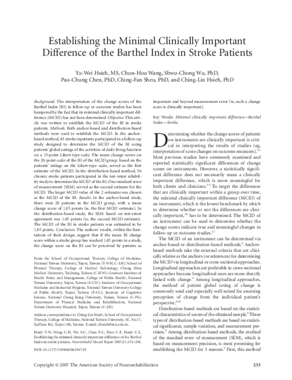 (PDF) Establishing the Minimal Clinically Important Difference of the Barthel Index in Stroke ...