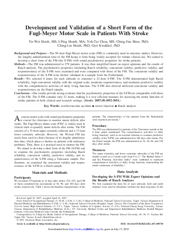 (PDF) Development and Validation of a Short Form of the Fugl-Meyer ...