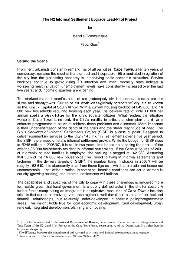 (PDF) The N2 Informal Settlement Upgrade | Firoz Khan - Academia.edu