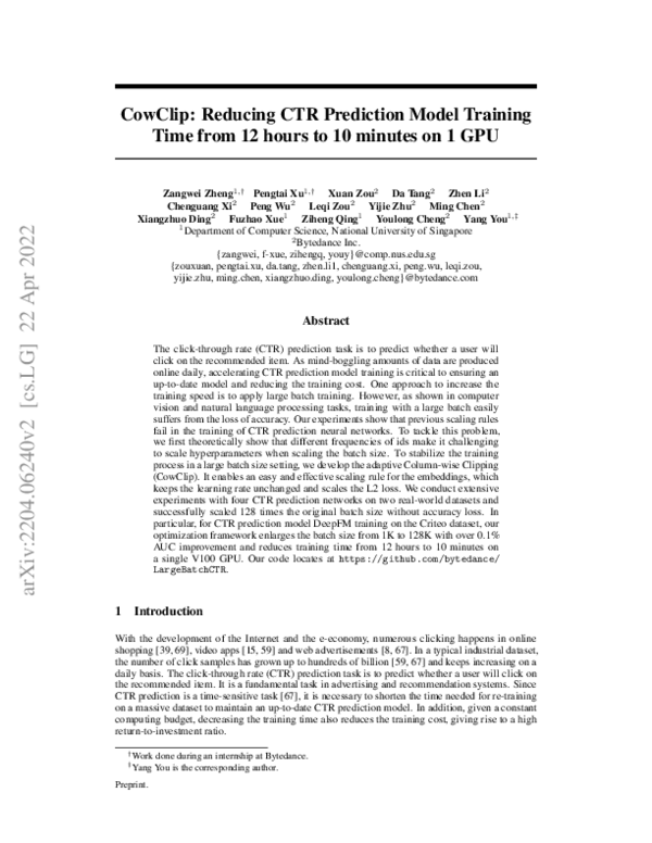 (PDF) CowClip: Reducing CTR Prediction Model Training Time from 12 ...