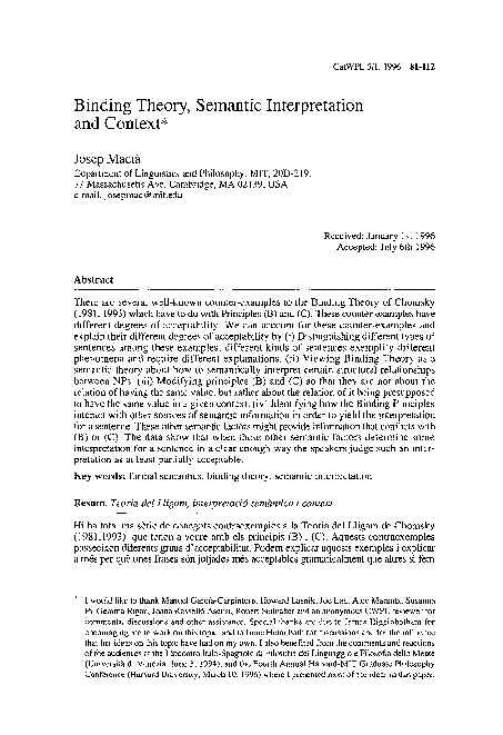 (PDF) Binding Theory Semantic Interpretation and Context