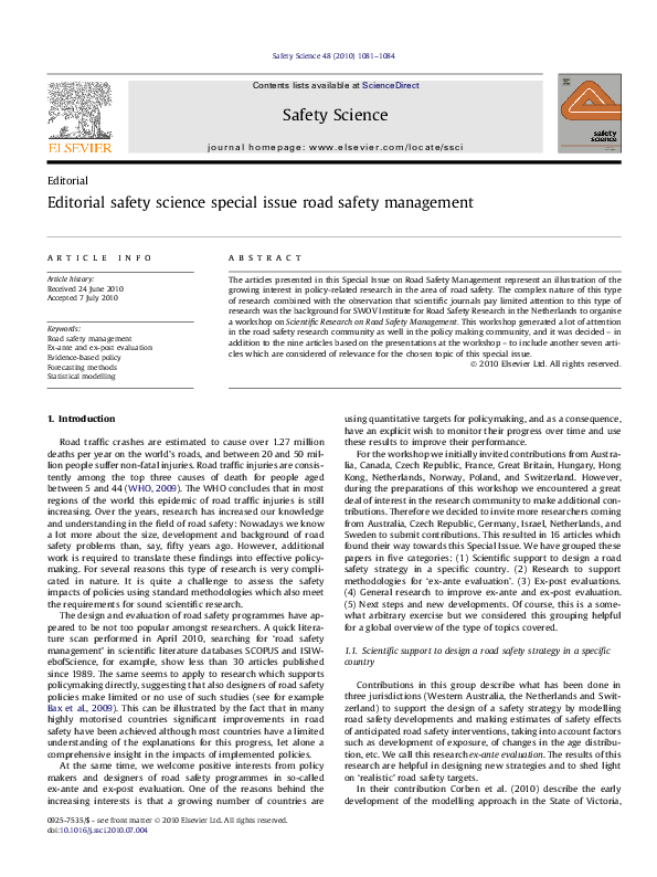 (PDF) Editorial safety science special issue road safety management