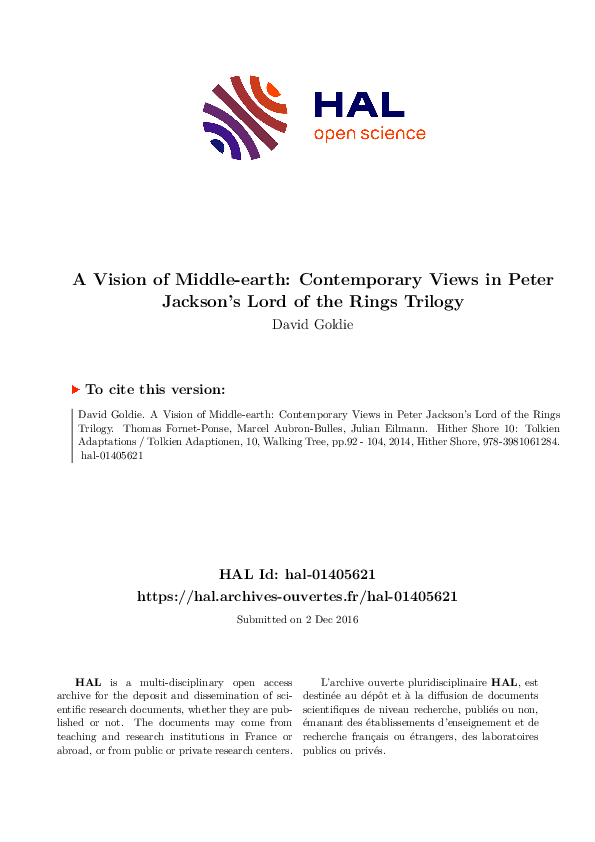 (PDF) A Vision of Middle-earth: Contemporary Views in Peter Jackson's ...