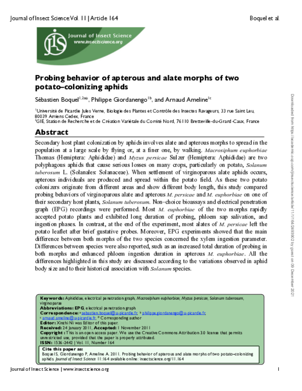 (PDF) Probing Behavior of Apterous and Alate Morphs of two Potato ...