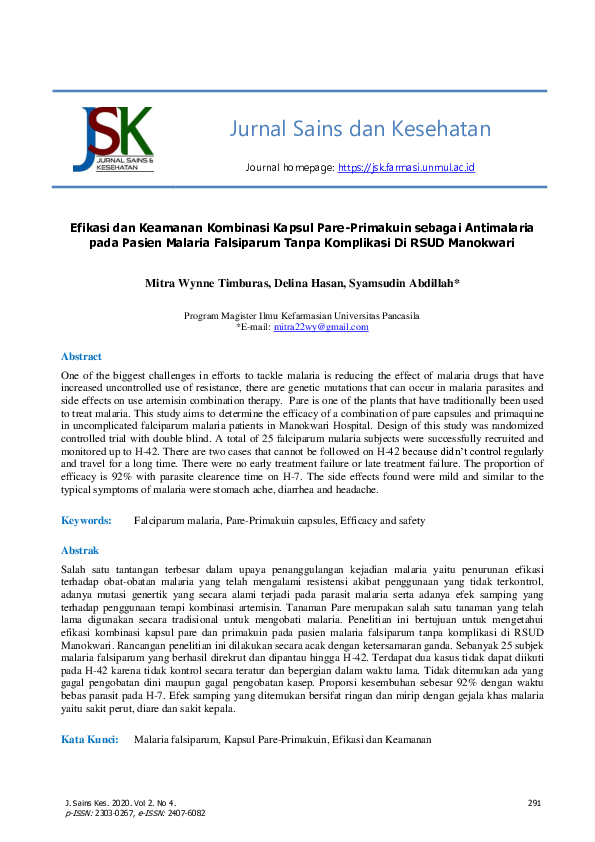 (PDF) Efikasi dan Keamanan Kombinasi Kapsul Pare-Primakuin sebagai ...