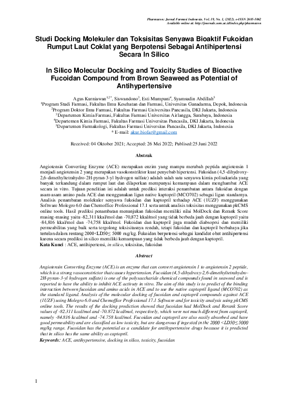(PDF) In Silico Molecular Docking and Toxicity Studies of Bioactive Fucoidan Compound from Brown ...