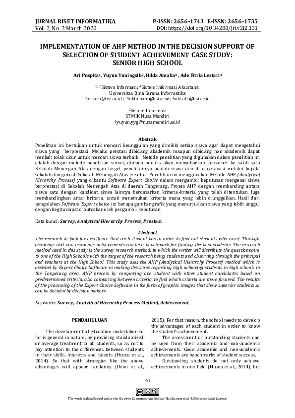 (PDF) Implementation of Ahp Method in the Decision Support of Selection of Student Achievement ...