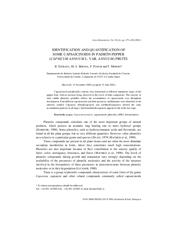 Pdf Identification And Quantification Of Some Capsaicinoids In Padrón