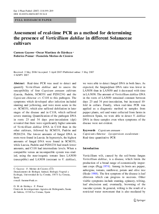 (PDF) Assessment of real-time PCR as a method for determining the presence of Verticillium ...