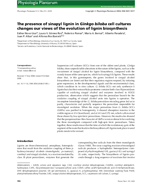(PDF) The presence of sinapyl lignin inGinkgo bilobacell cultures ...