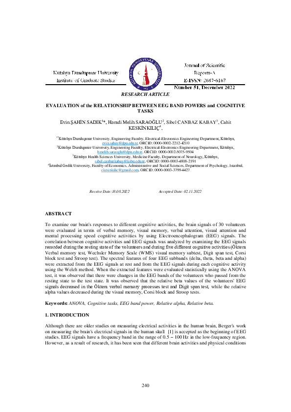 (PDF) EVALUATION of the RELATIONSHIP BETWEEN EEG BAND POWERS and COGNITIVE TASKS