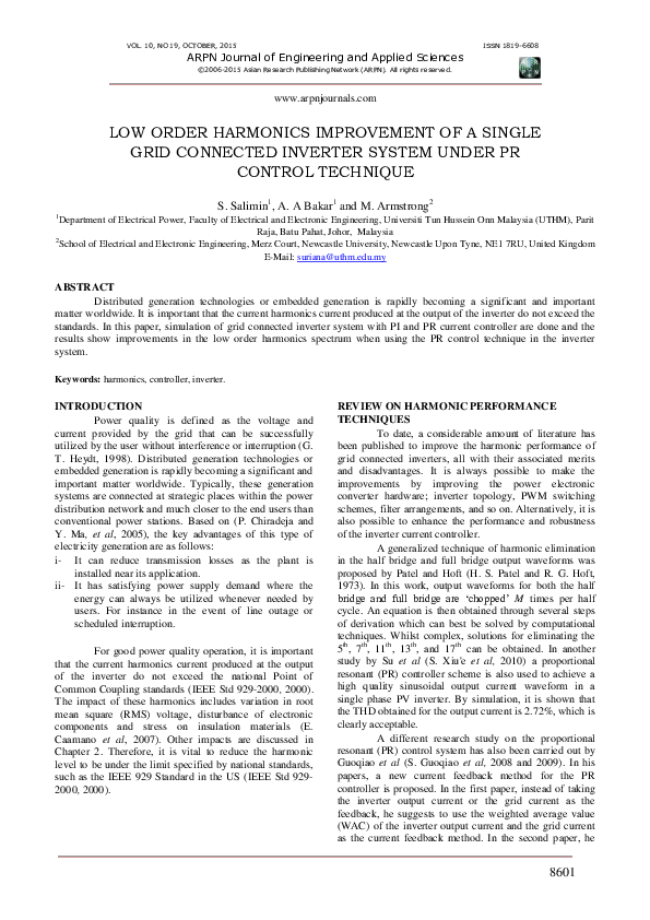 (PDF) Low Order Harmonics Improvement of a Single Grid Connected Inverter System Under PR ...