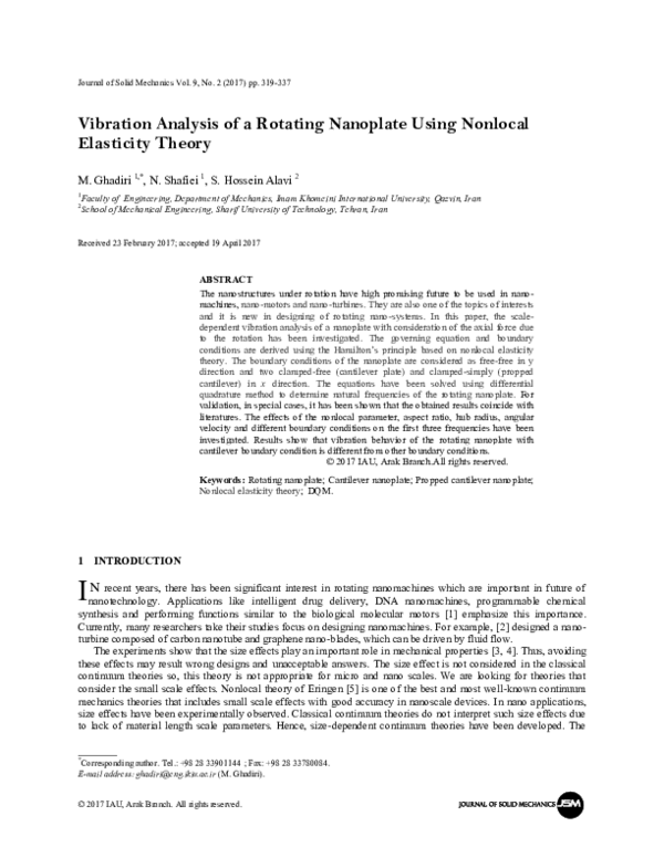 (PDF) Vibration Analysis of a Rotating Nanoplate Using Nonlocal Elasticity Theory