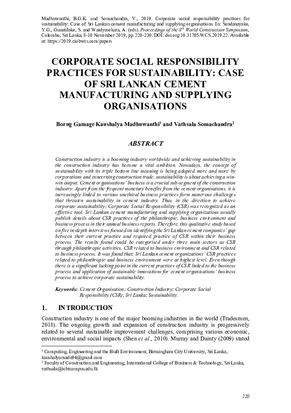 (PDF) Corporate social responsibility practices for sustainability: case of Sri Lankan cement ...