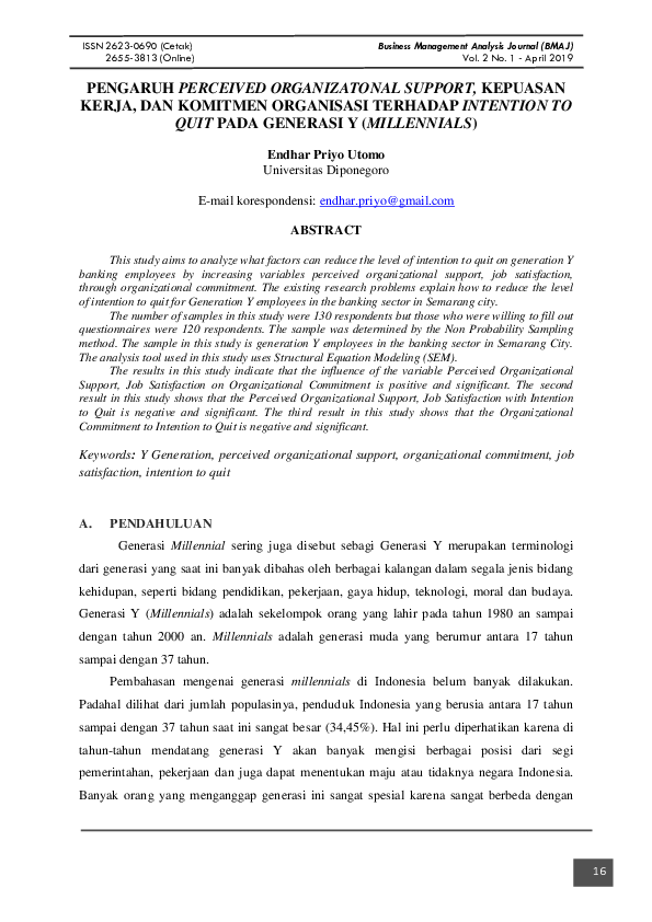 (PDF) Pengaruh Perceived Organizatonal Support, Kepuasan Kerja, Dan Komitmen Organisasi Terhadap ...