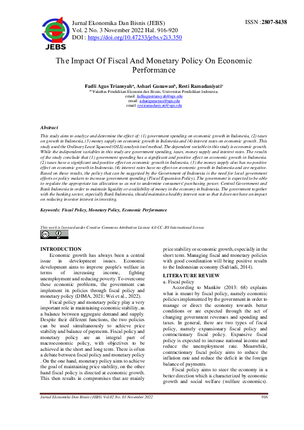 (PDF) The Impact Of Fiscal And Monetary Policy On Economic Performance