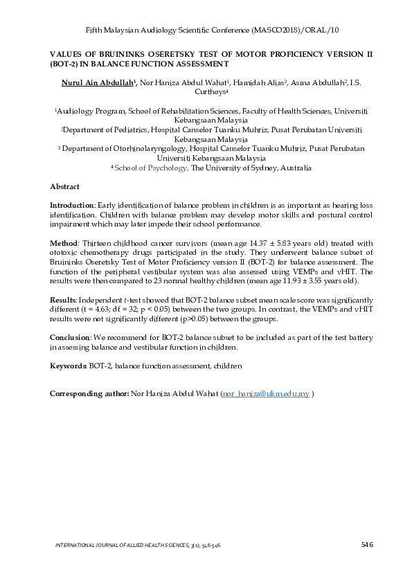 (PDF) Values of Bruininks Oseretsky Test of Motor Proficiency Version ...