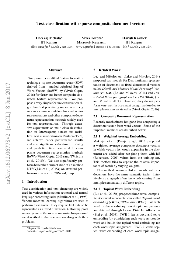 Text classification with sparse composite document vectors