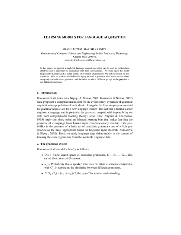 (PDF) Learning Models for Language Acquisition