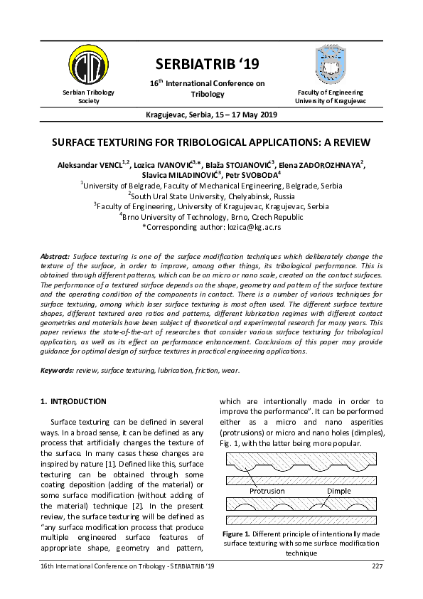 (PDF) Surface Texturing for Tribological Applications: A Review | Slavica Miladinović - Academia.edu