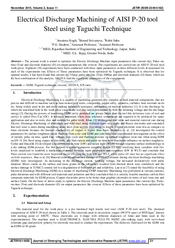 (PDF) Electrical Discharge Machining of AISI P-20 tool Steel using ...
