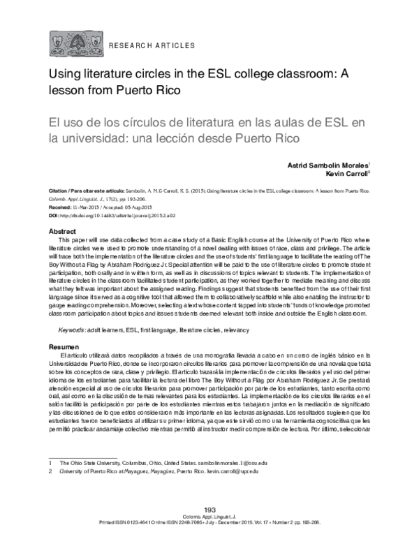 (PDF) Using literature circles in the ESL college classroom: A lesson ...