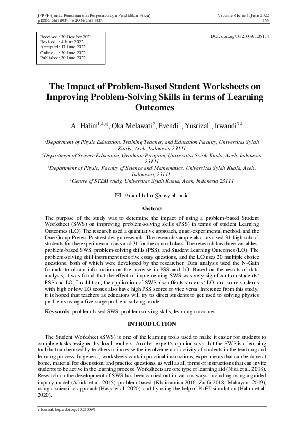 (PDF) The Impact of Problem-Based Student Worksheets on Improving Problem-Solving Skills in ...