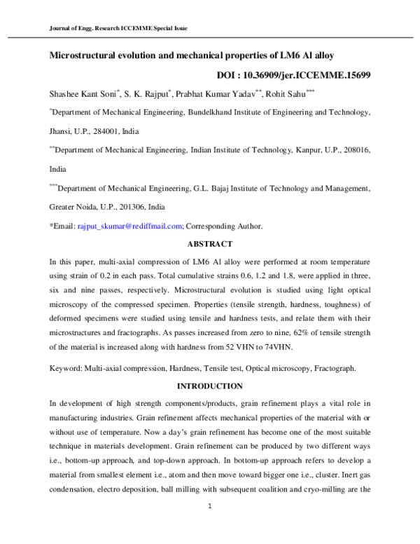 (PDF) Microstructural evolution and mechanical properties of LM6 Al alloy