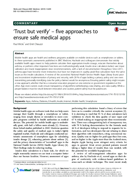 (PDF) ‘Trust but verify’ – five approaches to ensure safe medical apps